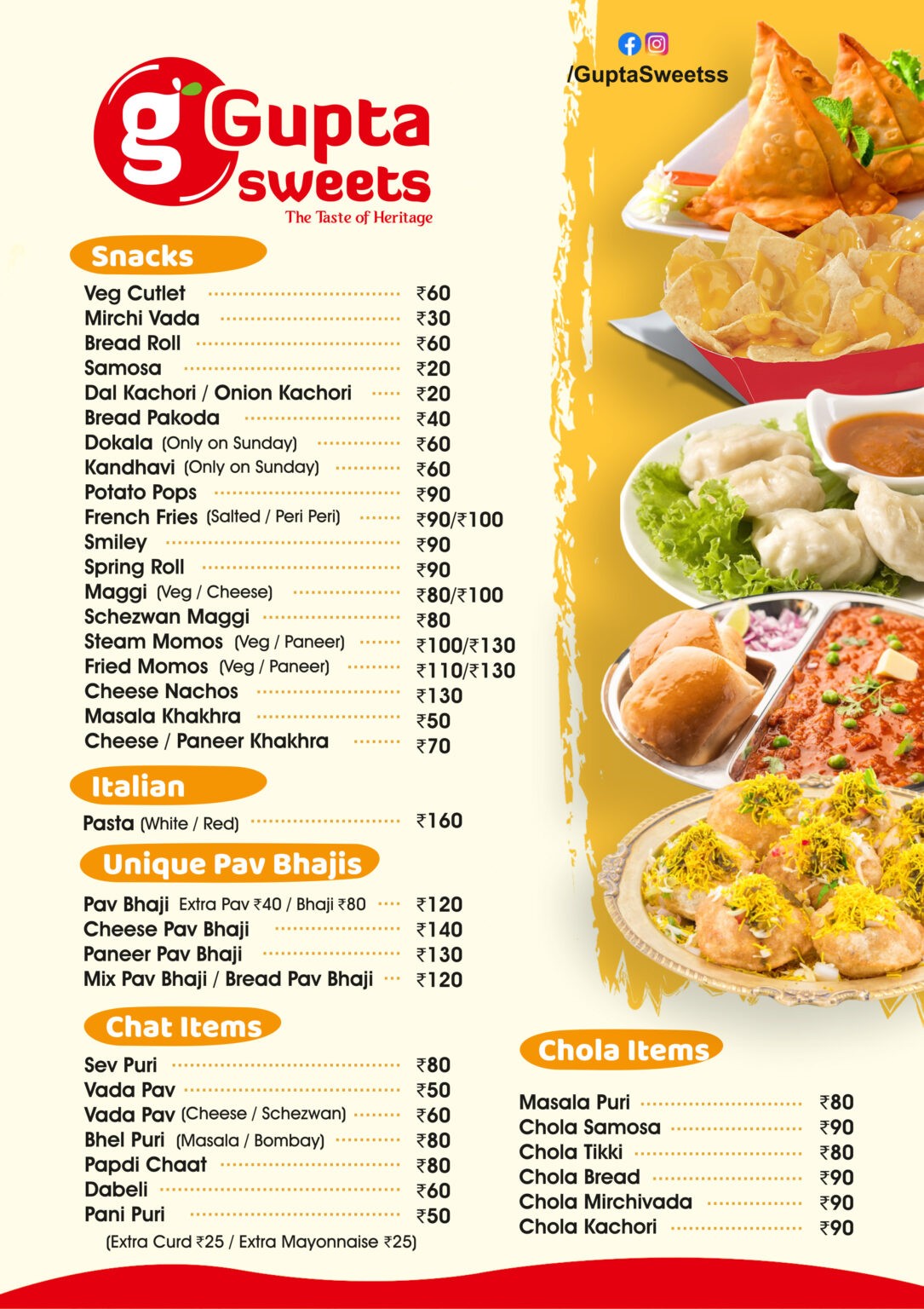 Menu - Gupta Sweets
