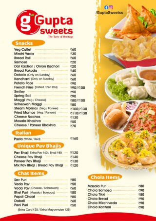 Menu - Gupta Sweets